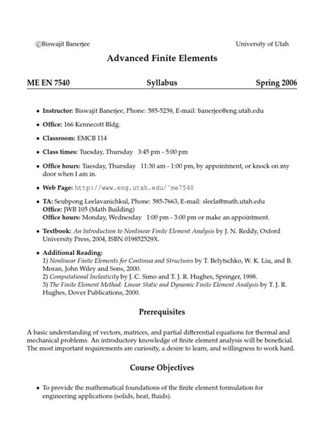 Advanced Finite Elements Me En 7540 Syllabus Spring 2006 Download Free Pdf Finite Element