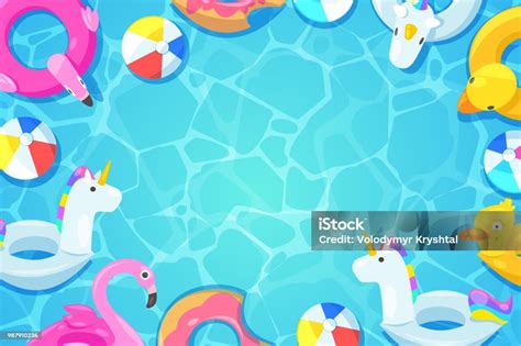 수영 풀 프레임입니다 다채로운 벡터 만화 일러스트 레이 션 물에 수레 아이 장난감 플라밍고 오리 도넛 유니콘 수영장 스포츠