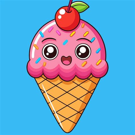 Premium Vector Cute Cartoon Ice Cream Cone With Cherry On Top And