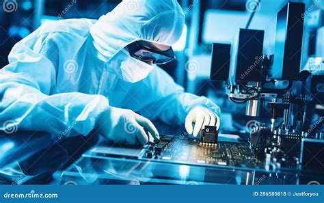 Scientist In Coveralls Working On A Processor Chip In A Laboratory Scientist In Coveralls Working On A Processor Chip In A Laboratory