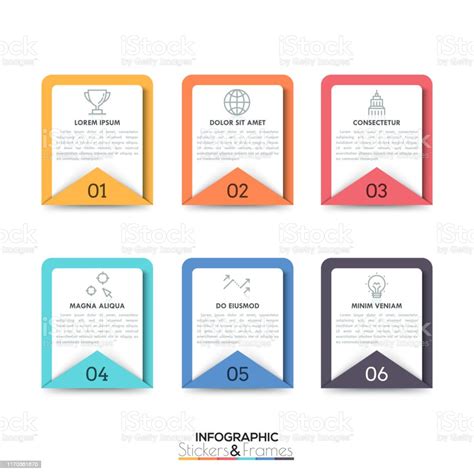 텍스트 상자와 얇은 선 그림이 있는 6개의 번호가 매겨진 직사각형 요소입니다 6 스티커와 프레임의 컬렉션입니다 최소한의 인포그래픽 디자인 레이아웃 6에 대한 스톡 벡터 아트