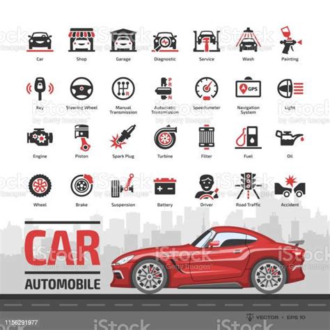 자동차 자동차 서비스 세척 및 상점 차량 수리 휠 및 타이어 오일 및 연료 엔진 배터리 브레이크 및 더 많은 글리프 기호 빨간색