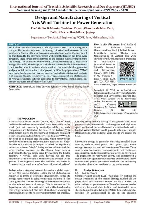 Design And Manufacturing Of Vertical Axis Wind Turbine For Power Generation PDF Power And