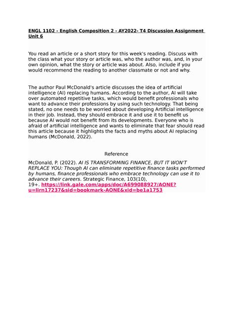 Engl 1102 Discussion Assignment Unit 6 22 Engl 1102 English Composition 2 Ay2022 T4