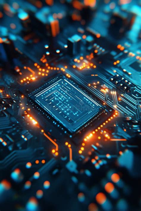 Glowing Circuit Board With Microchip And Neon Lights Highlighting Technology Connectivity Stock