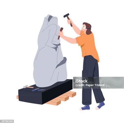 조각가 돌 동상 위대한 조각 장인의 조각 도구 창조적 인 장인 만들기 망치와 끌로 스마를 조각 흰색 배경에 격리된 플랫 벡터