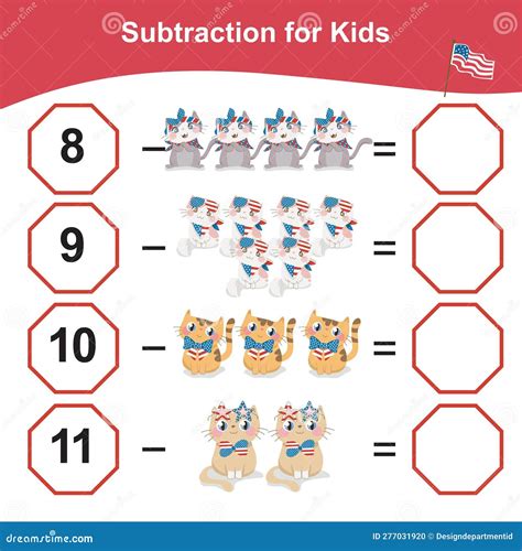 Subtraction Worksheet Mathematic Counting Worksheet Vector Illustration