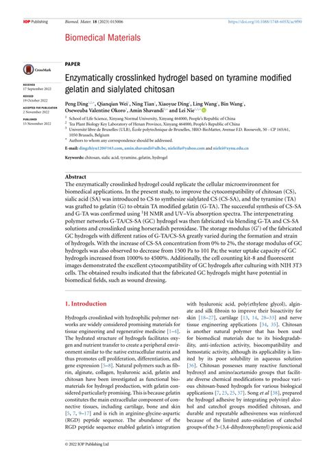 Enzymatically Crosslinked Hydrogel Based On Tyramine Modified Gelatin