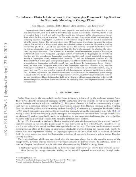 Pdf Turbulence Obstacle Interactions In The Lagrangian Framework Applications For Stochastic