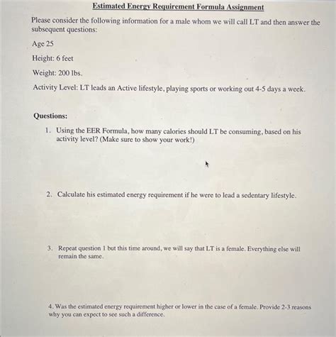Solved Estimated Energy Requirement Formula Assignment