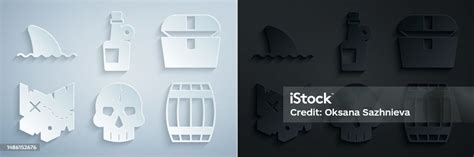 두개골 골동품 보물 상자 해적 지도 나무 통 알코올 음료 럼 상어 지느러미 바다 파도 아이콘을 설정합니다 벡터 3차원 형태에 대한 스톡 벡터 아트 및 기타 이미지 Istock