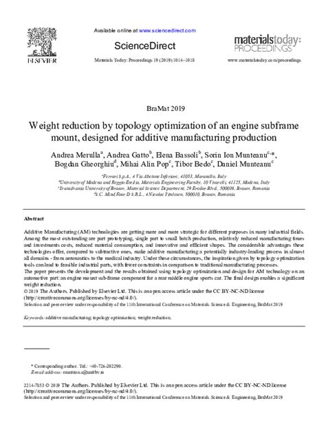 Pdf Weight Reduction By Topology Optimization Of An Engine Subframe Mount Designed For