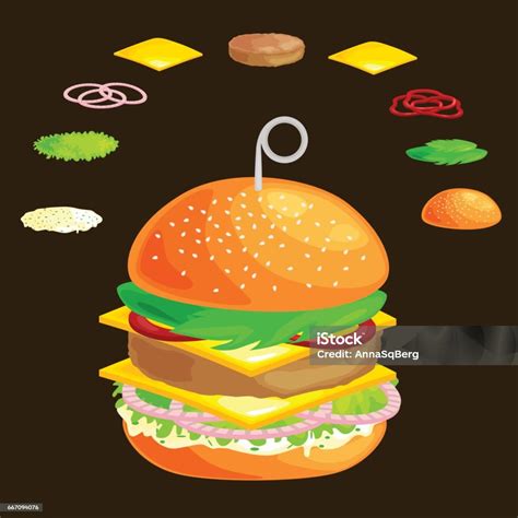 햄버거 구이 쇠고기 야채 세트 소스 롤빵 스낵 햄버거 패스트 푸드 식사 메뉴 바베 큐 고기 배경과 자세한 개별 비행 조각 메뉴