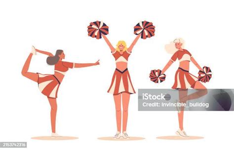 세 명의 열정적 인 치어 리더가 활기찬 스포츠 이벤트 동안 행동 동적 포즈와 팀워크를 선보이고 벡터 경쟁에 대한 스톡 벡터 아트 및 기타 이미지 Istock