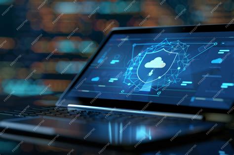Open Laptop Displaying Cloud Computing And Cybersecurity Interface Nighttime City Background