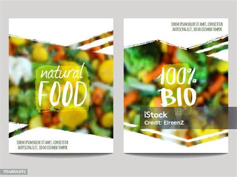 야채와 에코 라벨 흐림 배경 벡터 브로셔 디자인 서식 파일 건강 한 신선한 음식 채식주의자 및 에코 컨셉 프리 젠 테이 션 웹 전단지 잡지 표지 및 포스터에 사용할 수