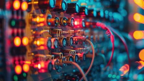 Electronic Components Lighting Up On Innovative Circuit Board Showing Production Process Stock