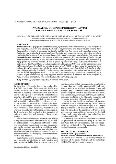 Pdf Evaluation Of Lipopeptide Surfactin Production By Bacillus Subtilis