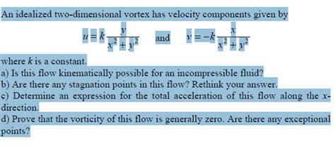 Solved An Idealized Two Dimensional Vortex Has Velocity Chegg