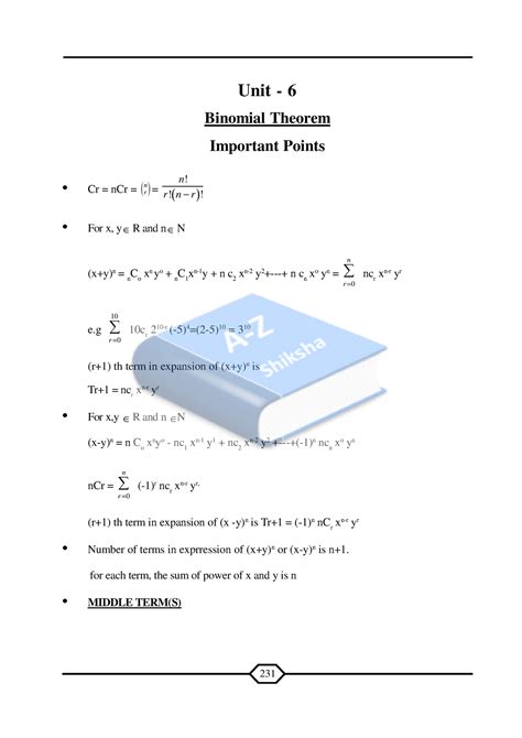 Binomial Theorem Unit 6 Binomial Theorem Important Points Cr Ncr