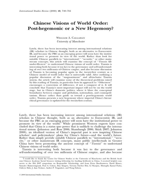 Chinese Visions Of World Order Post Hegemonic Or A New Hegemony Calahan 2008 1 Pdf China