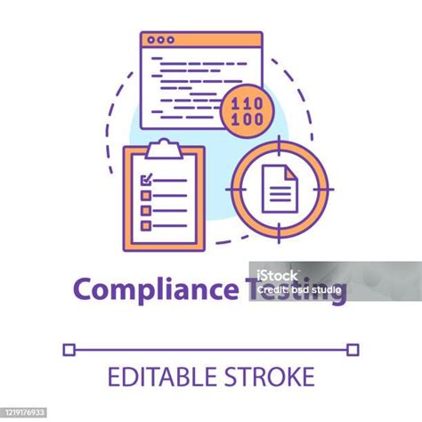 규정 준수 테스트 개념 아이콘입니다 소프트웨어 개발 단계 아이디어 씬 라인 일러스트 적합성 테스트 응용 프로그램 프로그래밍 시스템 확인 벡터 절연 윤곽선 도면 편집 가능한