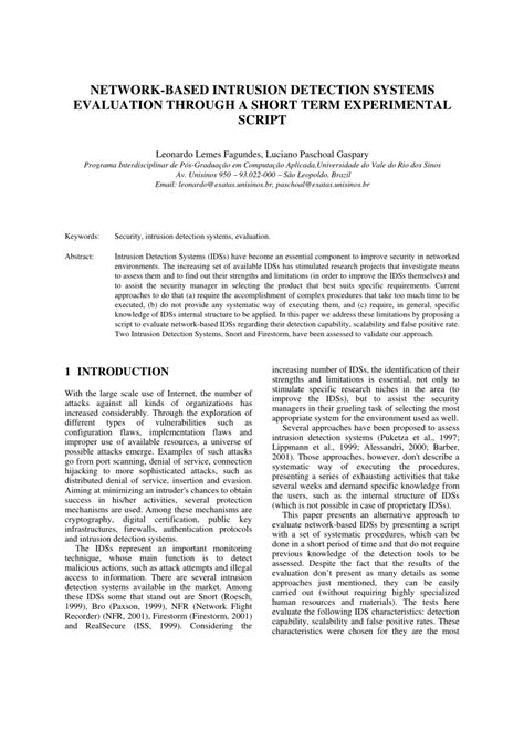 Pdf Network Based Intrusion Detection Systems Evaluation Through A