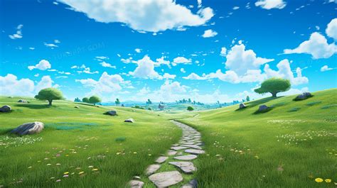 清新唯美蓝天白云下的青草地插画图片素材下载 格式 熊猫办公