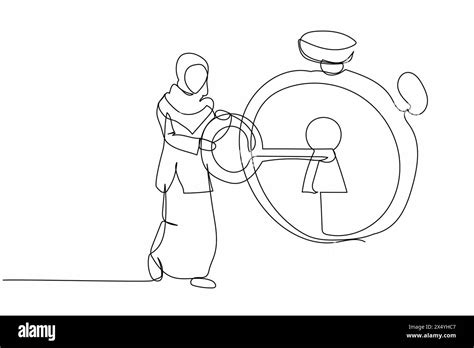 Single One Line Drawing Arab Businesswoman Put Key Into Stopwatch Time