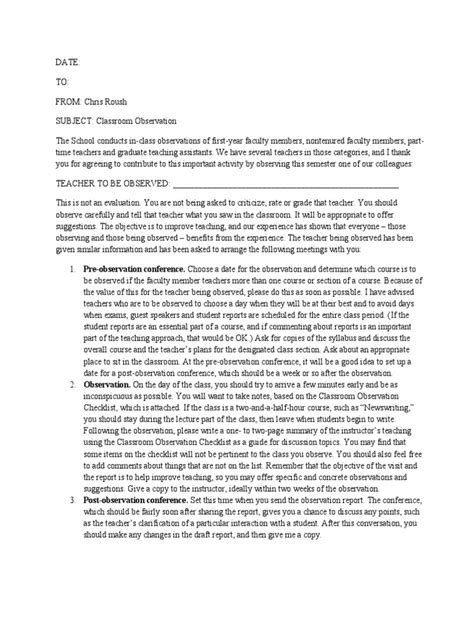 Classroom Observation Memo Pdf Teachers Classroom