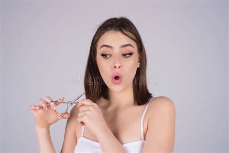 Haircut Portrait Of Young Woman Hairdresser Cutting Hair With Scissors
