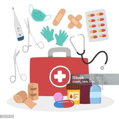 응급 처치 키트 클립 아트 만화 스타일입니다 많은 응급 처치 요소가 있는 의사 가방은 손으로 그린 플랫 벡터 그림입니다 청진기