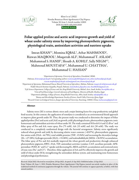 Pdf Foliar Applied Proline And Acetic Acid Improves Growth And Yield Of Wheat Under Salinity