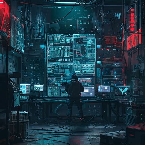 Lone Cyberpunk Hacker In A Dark Room With Holographic Screens Premium Ai Generated Image