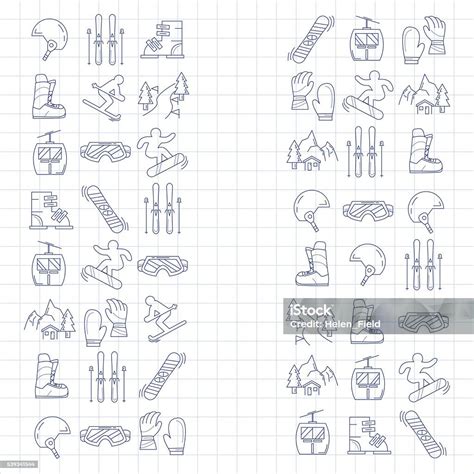 벡터 세트 스노우보드 및 스키복 아이콘 겨울에 대한 스톡 벡터 아트 및 기타 이미지 겨울 계절 곧은 Istock