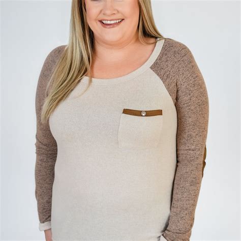 Compass To You Elbow Patch Top Oatmeal And Mocha The Pulse Boutique