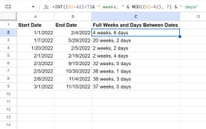 Google Sheets Calculate The Number Of Weeks Between Dates