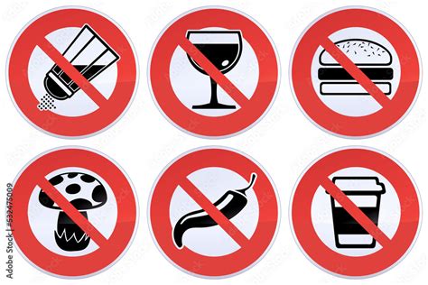 Collection Of Red And White Circular Prohibition Signs With The Crossed Out Symbol Of A Food
