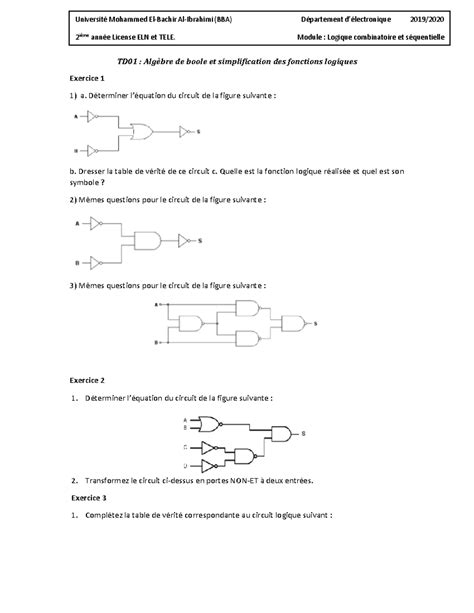 TD1 Solution Logique combinatoire et séquentielle TD01 AlgËbre de boole et simplification