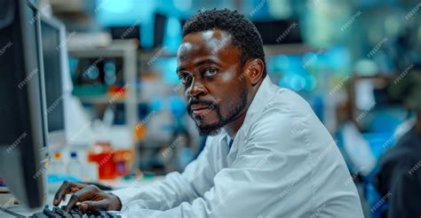 Premium Photo Scientist Typing On Keyboard In Modern Laboratory