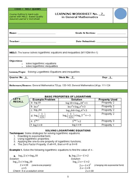 Week 7 Pdf Logarithm Function Mathematics