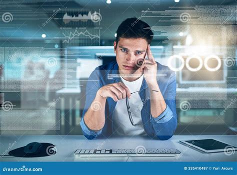thinking programmer and man in office night and overlay of interface