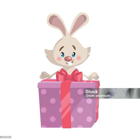 만화 최신 유행 스타일 귀여운 웃는 토끼 마스코트 큰 분홍색 선물 상자 아이콘 간단한 그라데이션 벡터 일러스트입니다 개념에 대한 스톡 벡터 아트 및 기타 이미지 Istock