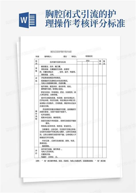 胸腔闭式引流的护理操作考核评分标准Word模板下载 编号qnmvzdyx 熊猫办公