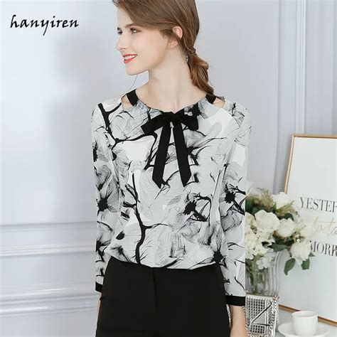 Hanyiren Women Floral Print Chiffon Blouse Female Long Sleeve Slim
