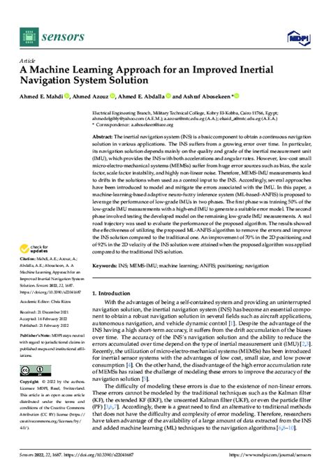 Pdf A Machine Learning Approach For Improved Inertial Navigation System Solution Ashraf