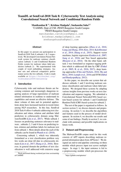 Pdf Teamdl At Semeval 2018 Task 8 Cybersecurity Text Analysis Using Convolutional Neural