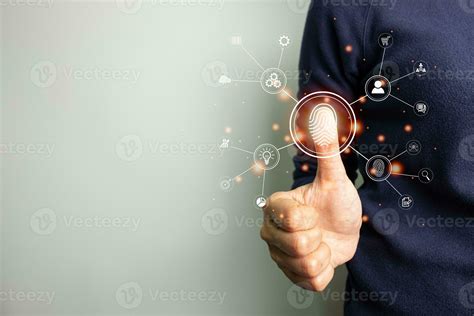 Person Touching Screen To Fingerprint Scanner Security Access Information Big Data Management