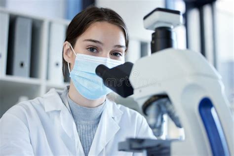 Science Portrait And Woman With Microscope Mask And Medical Research In Laboratory Vaccine