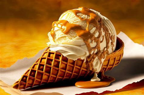 Balls Of Vanilla Most Delicious Ice Cream Cone With Flowing Caramel